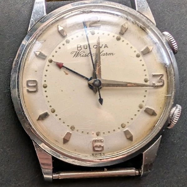 BULOVA WRIST ALARM WATCH STAINLESS MANUAL WIND RUNNING ALARM WORKS SEE ...