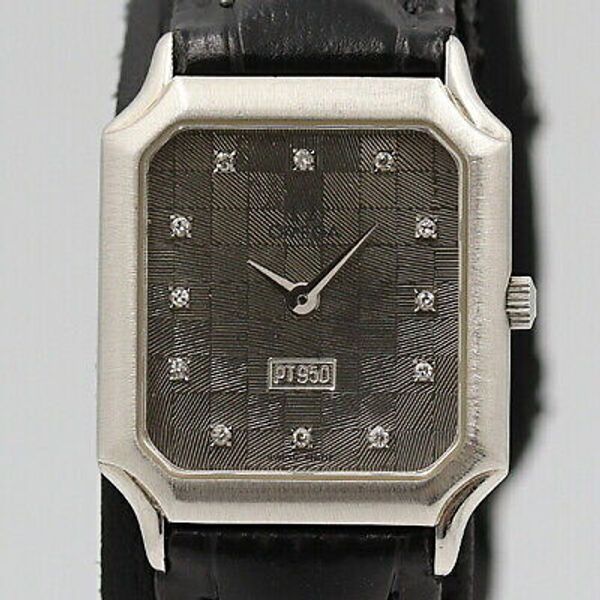 Omega 1375 PT950 Platinum 18.1g 12P Diamond Silver Dial Square Watch ...