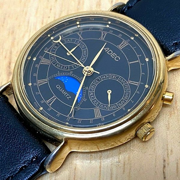VTG ADEC Citizen Men Gold-Black Triple Date Moon Phase Quartz Watch ...