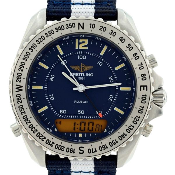 Breitling 41mm Men's Pluton Blue Dial Ani-Digi Stainless Steel Watch ...