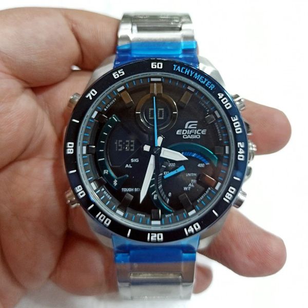 Casio Edifice ECB-900DB-1B Menâ s Dual Time Blue Silver Stainless Steel ...