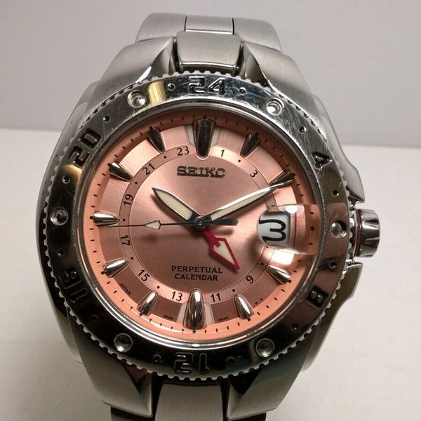 Rare Seiko SBJQ003 8F56-002A Large Salmon Dial GMT Perpetual Calendar ...