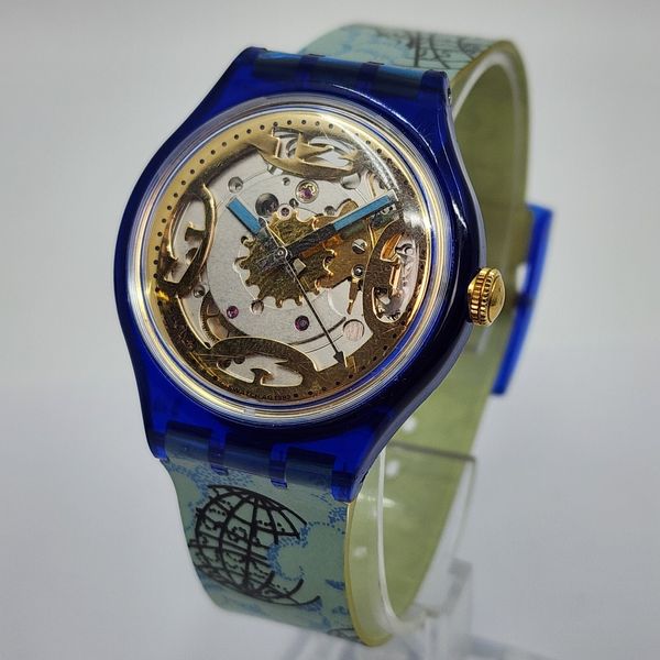 1993 Vintage Swatch Automatic Skeleton Watch Gold Blue | WatchCharts ...