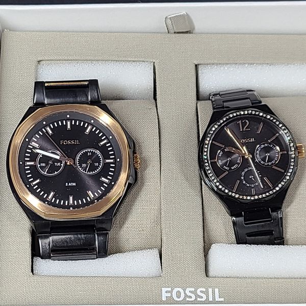 Fossil His and Her Multifunction Black Stainless Steel Watch Set ...
