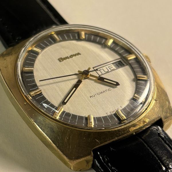 BULOVA Menâ s Vintage 1970â s Automatic Day Date Gold Square Dress ...