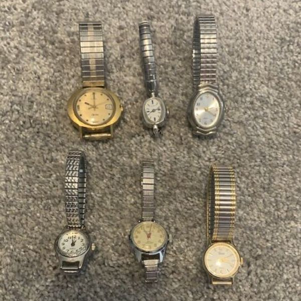 Lot of 6 Vintage Watches Timex Caravelle Awclail Gold-Tone and Silver ...