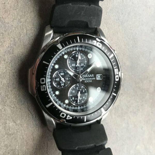 Pulsar 7T62-X068 Diving Chronograph Mens Watch Black Dial Rotating ...
