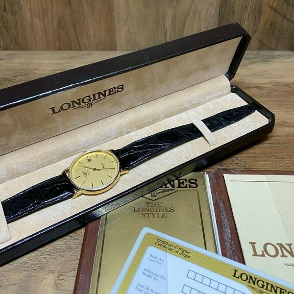 Mens 1988 LONGINES 9ct Gold Presence Date Quartz Watch L156.4 with Box ...