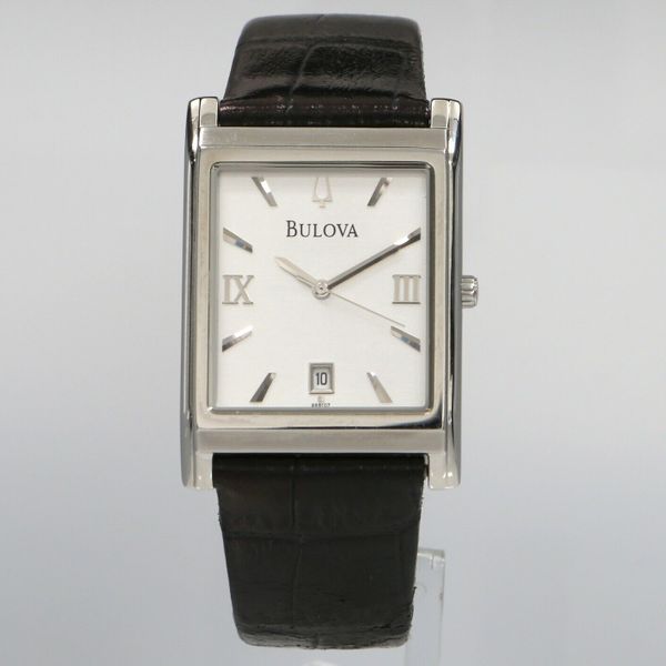 Bulova 96B107 Black Leather Strap w Date Sleek Rectangular Quartz Watch | WatchCharts Marketplace