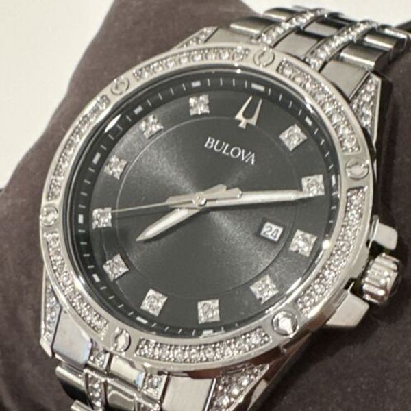 Bulova Men's Watch 96K105 Quartz Black Dial Crystals Silver Tone Steel ...