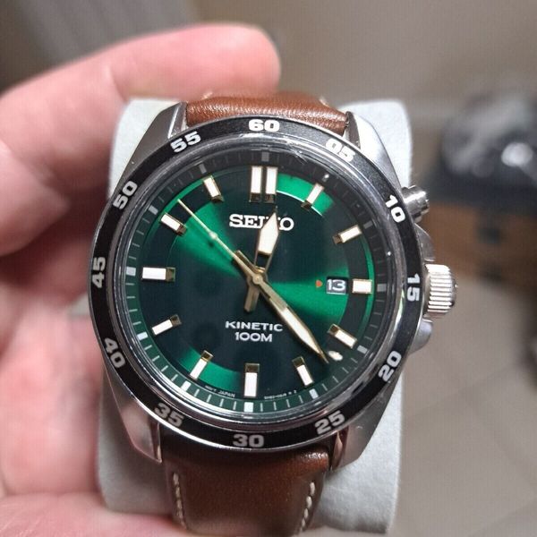 Seiko Kinetic Green Dial Brown Leather Men's Watch SKA791 | WatchCharts Marketplace