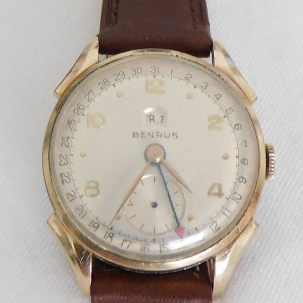 MEN'S 1950'S BENRUS RGP TOP 17 JEWEL WRISTWATCH WITH DATE POINTER DIAL ...