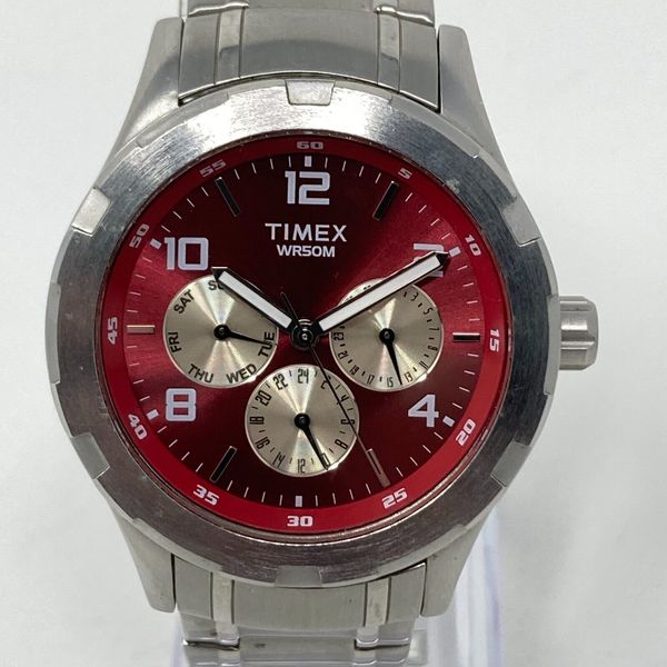 Timex Watch Men 40mm Silver Tone Red Dial Day Date 50M WR New Battery 7 ...