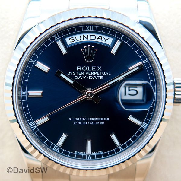 FS: Rolex 118239 18K WHITE GOLD 36MM DAY DATE-BLUE STICK DIAL ...