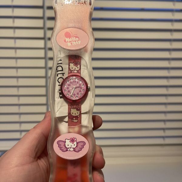 Rare Hello Kitty Pink Butterfly Swatch Flik Flak Quartz Watch Pink Girl ...
