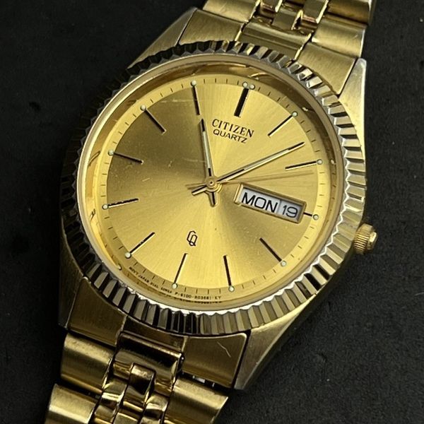 Vintage 1992 CITIZEN CQ Datejust Menâ s 36mm Quartz Watch Day Date Gold ...