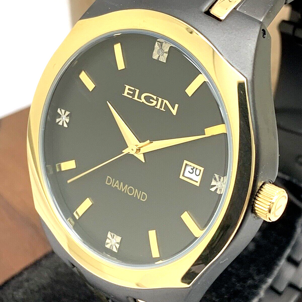 Elgin Men's Watch FG8021 Quartz Two Tone Black Gold Tone Diamond ...
