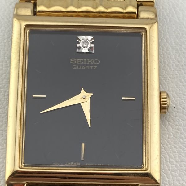 Vintage SEIKO Diamond Ladies 23mm Watch Gold Tone Black Dial Tank ...