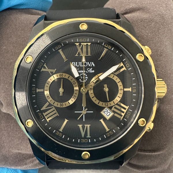 Bulova Marine Star Men's Quartz Black/Gold Chronograph Watch 44MM ...