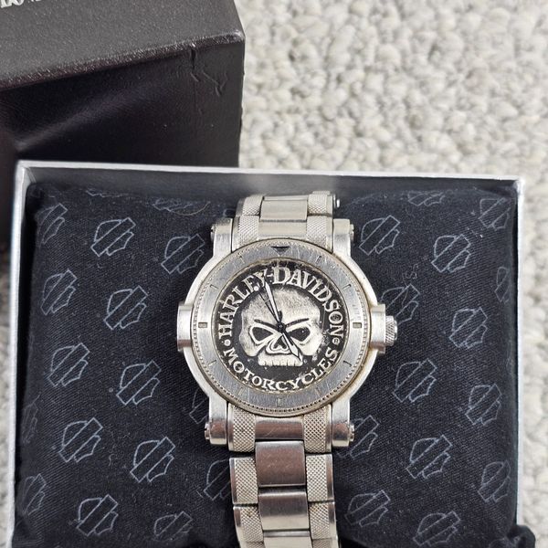 Men's Bulova Harley Davidson Stainless Skull Quartz Watch 2004 in Box ...