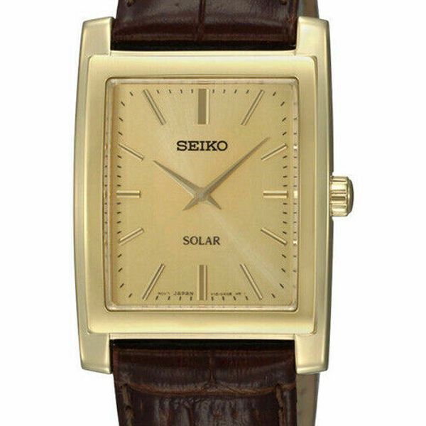 New Seiko Solar SUP896 Men's Gold Tone Stainless Steel Leather Watch ...