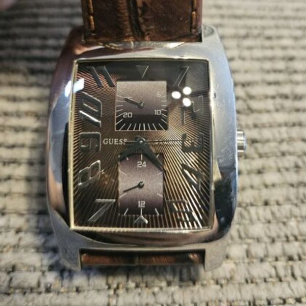 Guess Men's Quartz Analog Watch Rectangle Dark Gold Dial Leather New ...