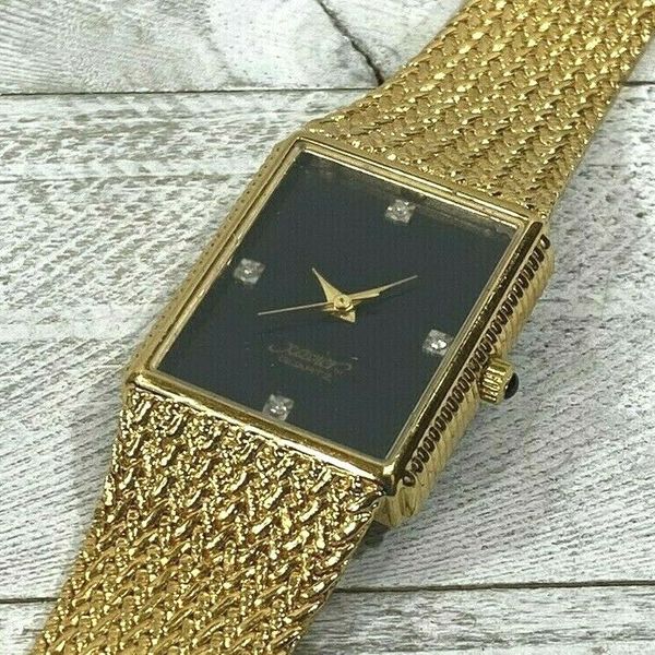 Vintage Xavier Quartz Gemmed Womens Analog Watch Gold Tone Black Dial ...