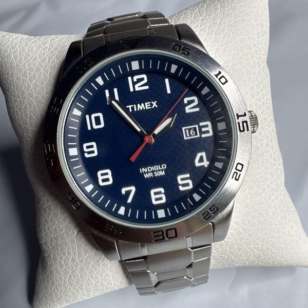 Timex Indiglo Menâ s Watch 42mm WR50M Blue Dial Silver Tone Date New ...
