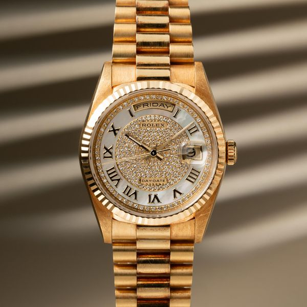 FS: 1990 Rolex 18K YG Day-Date 18238 Mother of Pearl Diamond Pave Dial ...