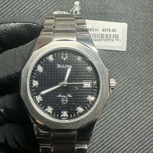 Bulova Marine Star Diamond Accent Watch with Black Dial (Model: 96D14 ...