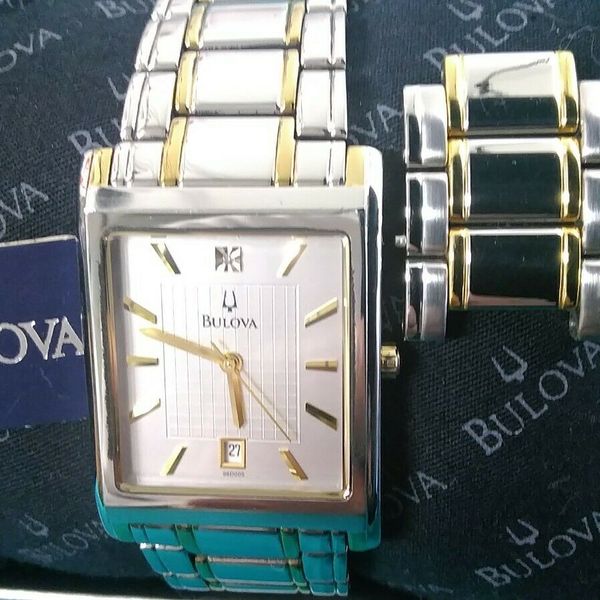 MENS BULOVA SQUARE FACE SILVER GOLD TONE DATE WATCH C975506 ...