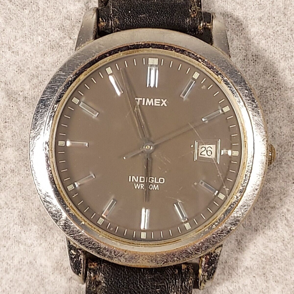 Vintage Timex Watch Men Indiglo 36mm Silver Tone Date Leather Band New ...