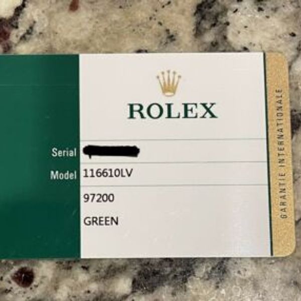 Rolex warranty card 116610lv Submariner Hulk International Guarantee ...