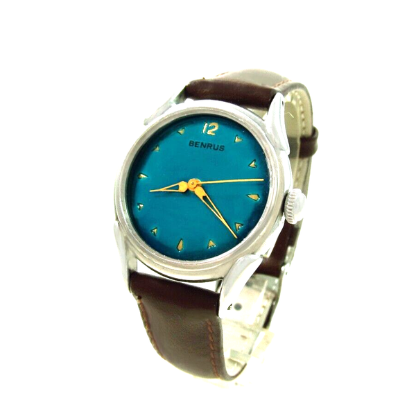 1950's BENRUS Teal Color Dial All Stainless Men's 17J Vintage Watch ...