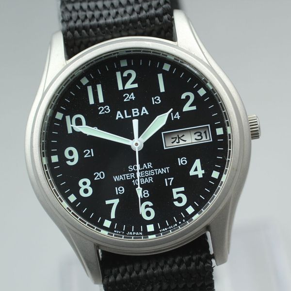 [Near MINT] SEIKO ALBA SOLAR V158-0AX0 36mm Black Dial Day/Date Qz Men ...