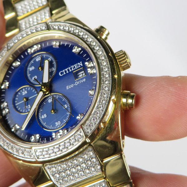 Citizen Eco-Drive Gold Crystal Chronograph Blue Dial Men's Watch B612 ...