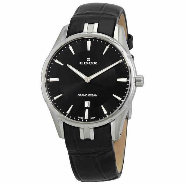 Edox Men's Watch Grand Ocean Swiss Quartz Leather Strap Black Dial ...