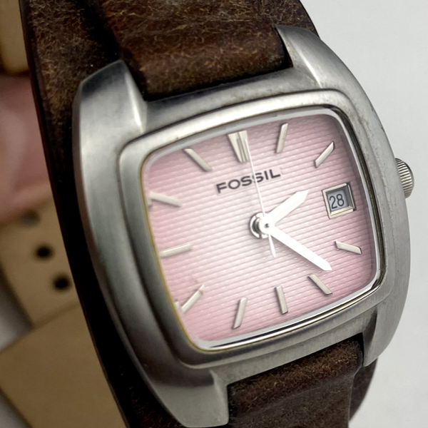 VTG Fossil Womens Watch Square Calendar Dial Pink Face Wrist Leather ...