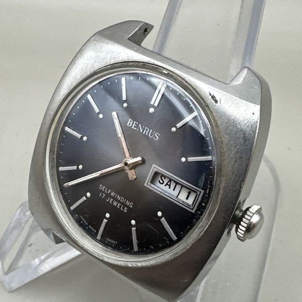 Vintage BENRUS Blue Dial Day/Date STAINLESS Men's Vintage Watch Marked ...