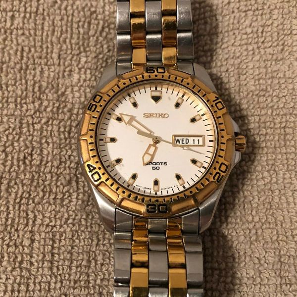 Men's Seiko Sport 50 Watch - Two Tone/ WR / Time/Day/Date 7N43-8B39 ...