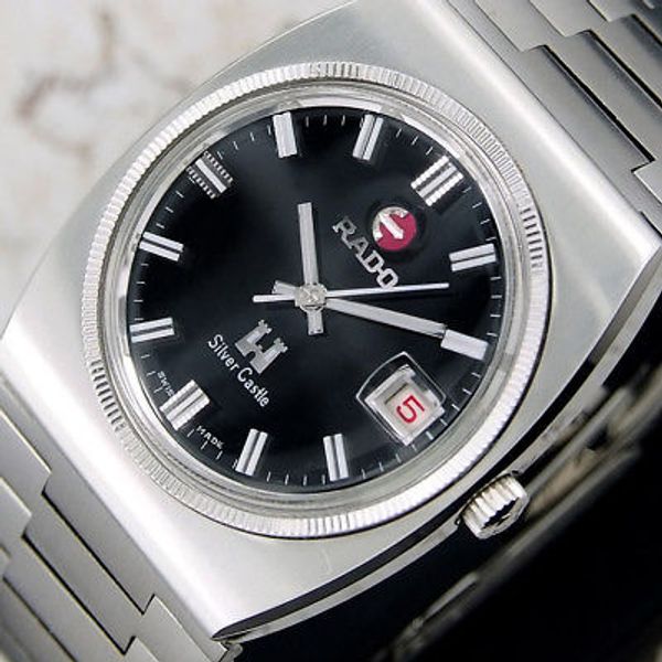 Authentic Rado Silver Castle Date Black Dial Automatic Mens Wrist Watch ...