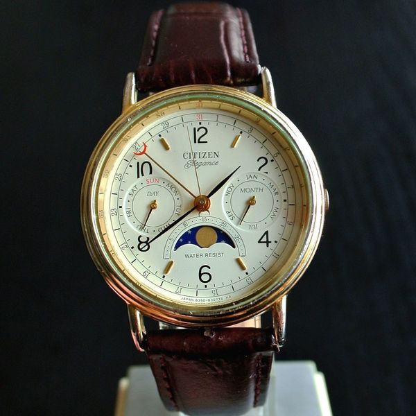 VINTAGE CITIZEN ELEGANCE TRIPLE DATE MOON PHASE QUARTZ MEN'S GOLDEN ...