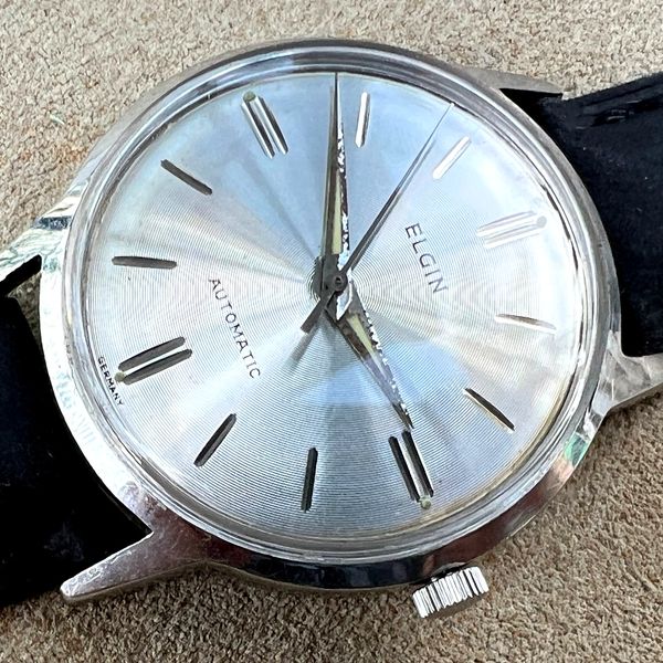 Vintage Elgin men's watch mid century auto exotic spiral silver dial ...