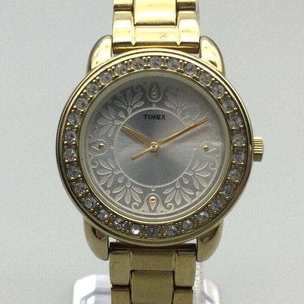 Timex Watch Women Silver Gold Tone Date Floral Dial Bling New Battery 6 ...