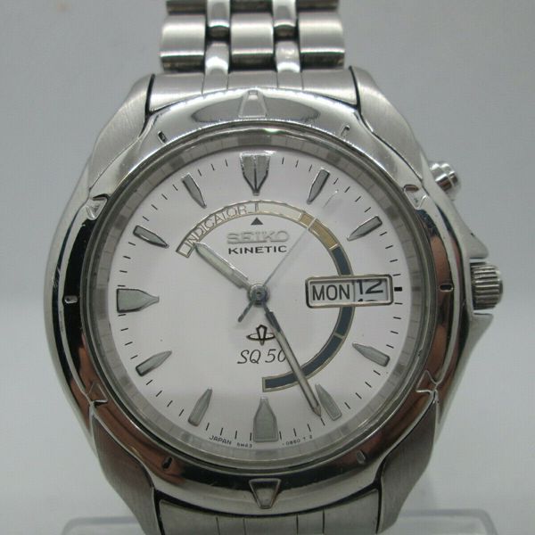 SEIKO KINETIC SQ50 5M43-0B10 STAINLESS STEEL DAYDATE QUARTZ MENS WATCH ...