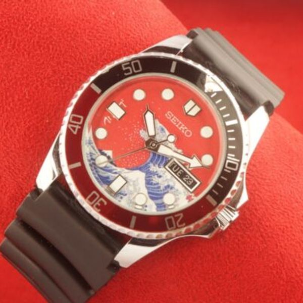 Vintage Seiko 5 Red/Black Bezel Wave automatic japan working wrist ...