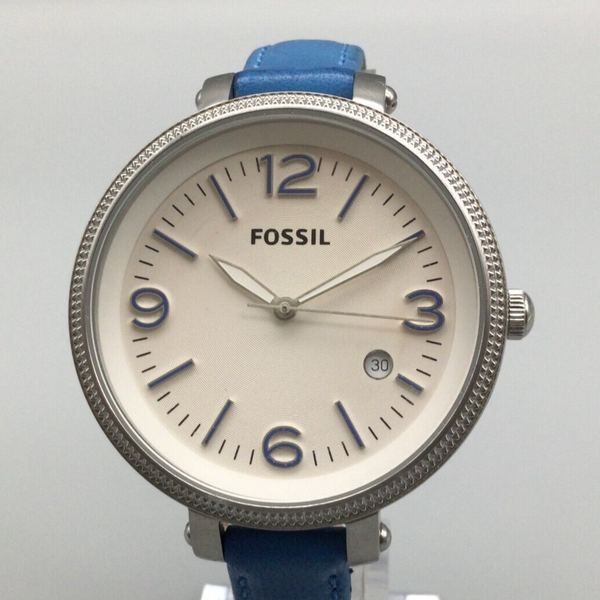 Fossil Heather Watch Women Silver Tone Date Blue Leather Band New ...