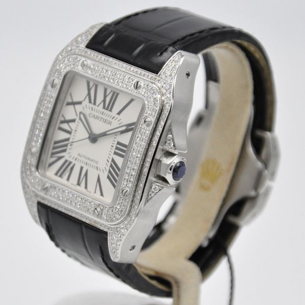 Cartier Santos 100 Large Steel Diamonds 2656 W20073X8 Leather Automatic ...