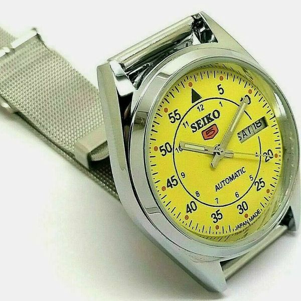 SEIKO 5 AUTOMATIC STEEL WATCH YELLOW COLOR DIAL DAY/DATE WORKING ORDER ...