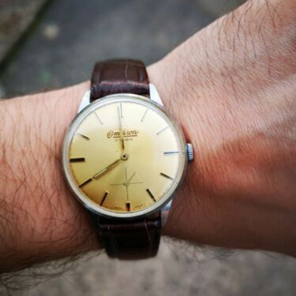 Omikron vintage men's watch golden dial 17 rubis t swiss made on 18mm ...